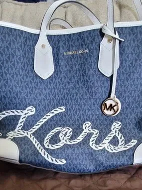 Michael Kors | Bags | Michael Kors Blue And White Logo Script Tote ...